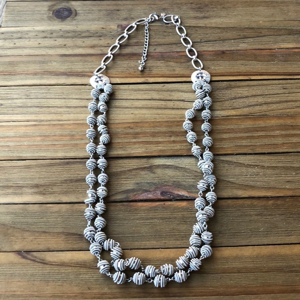 30- Chico’s Double Tiered Silver Tone Wire Beaded Sta… - Gem